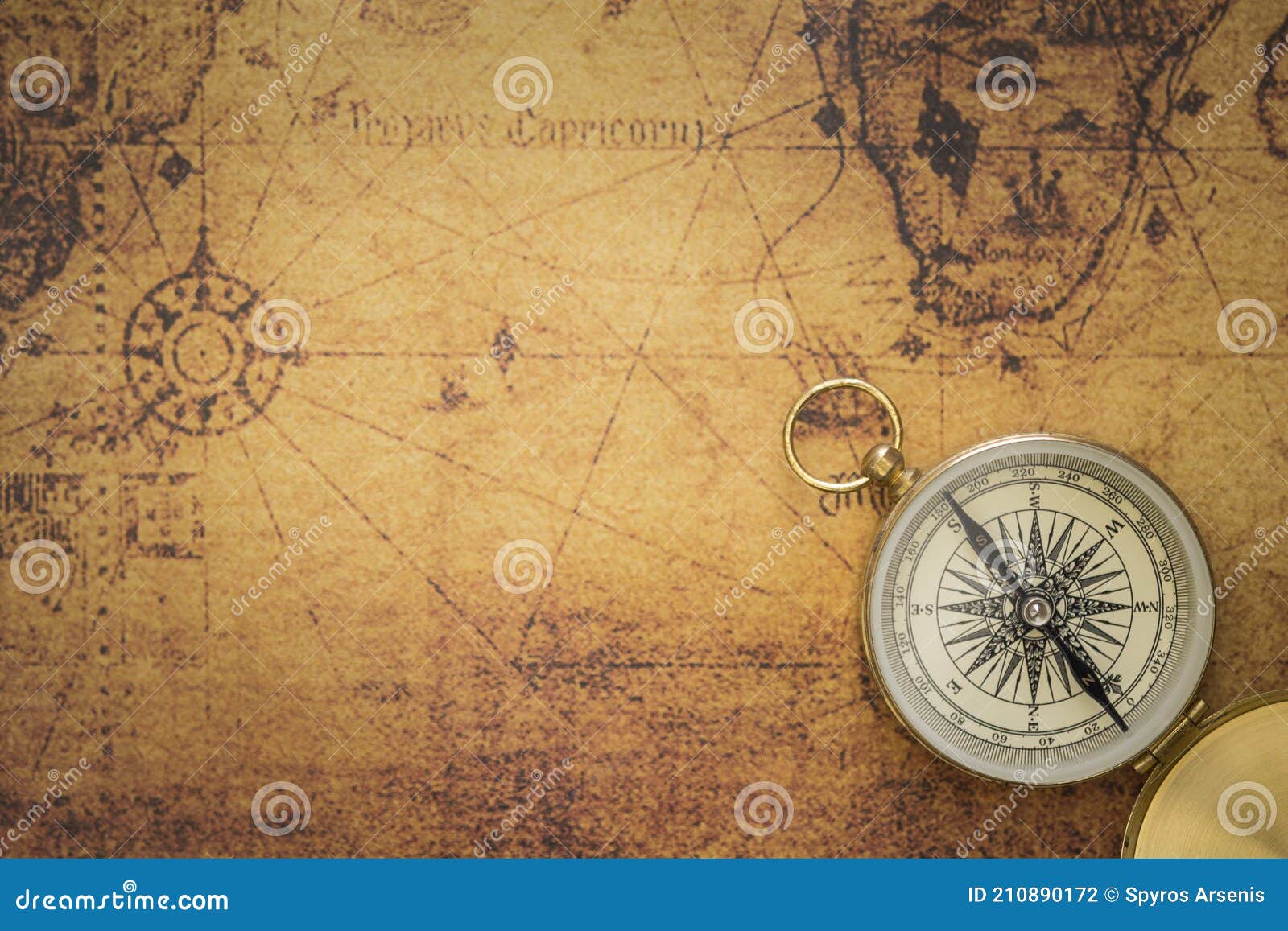 Old compass on vintage map stock photo. Image of atlas - 210890172