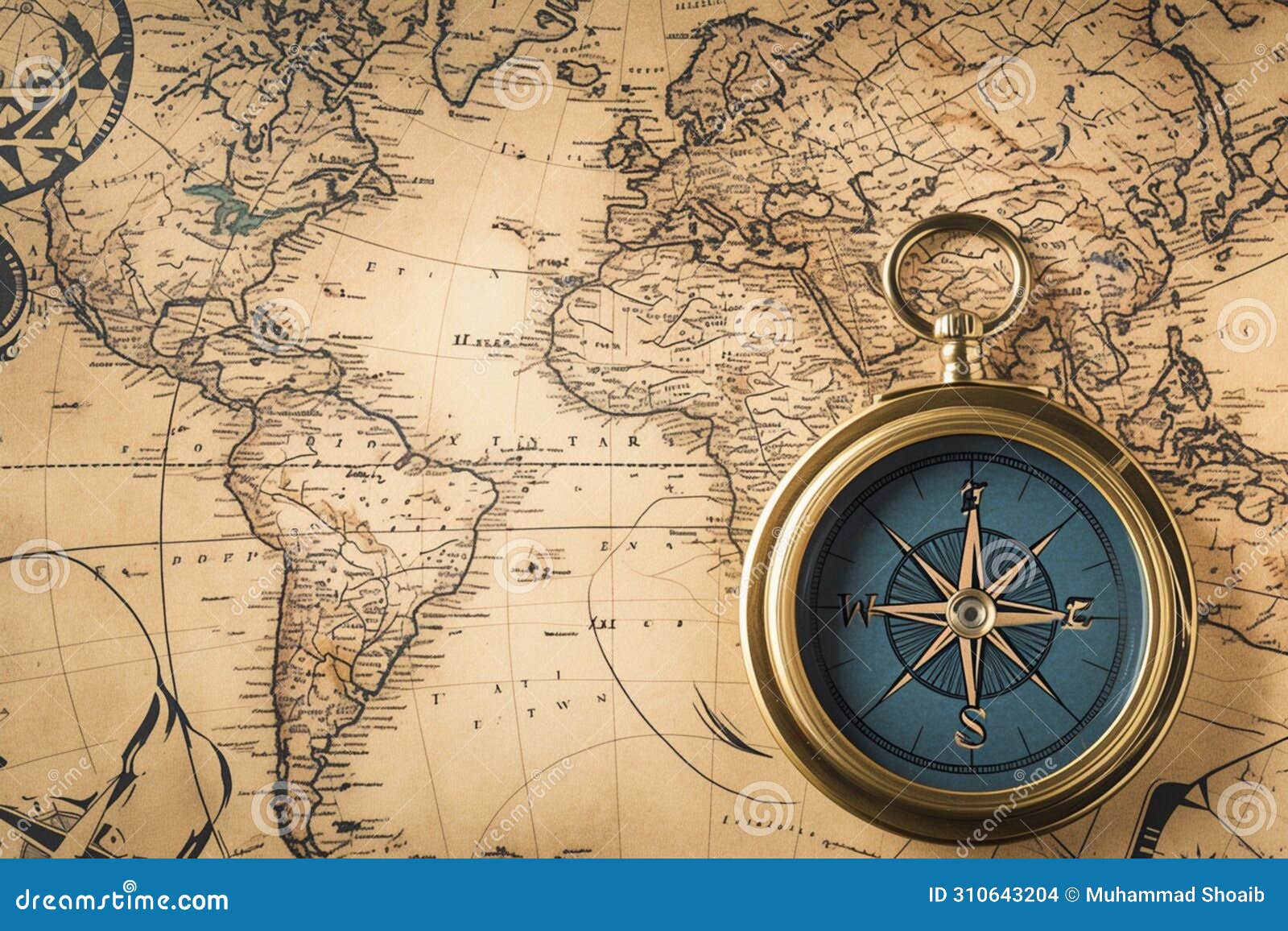 Old Compass on Vintage Map, Public Domain Background Image Stock Illustration - Illustration of ...
