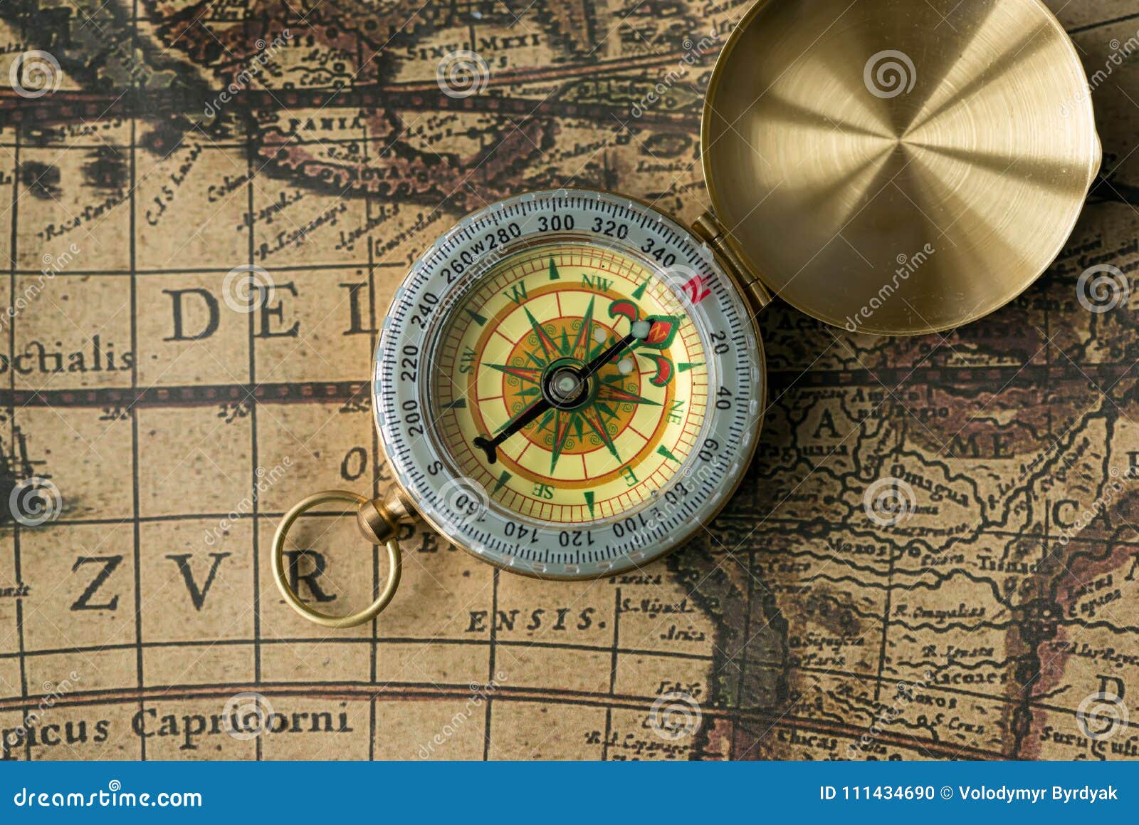 Old compass on vintage map stock photo. Image of exploration - 111434690