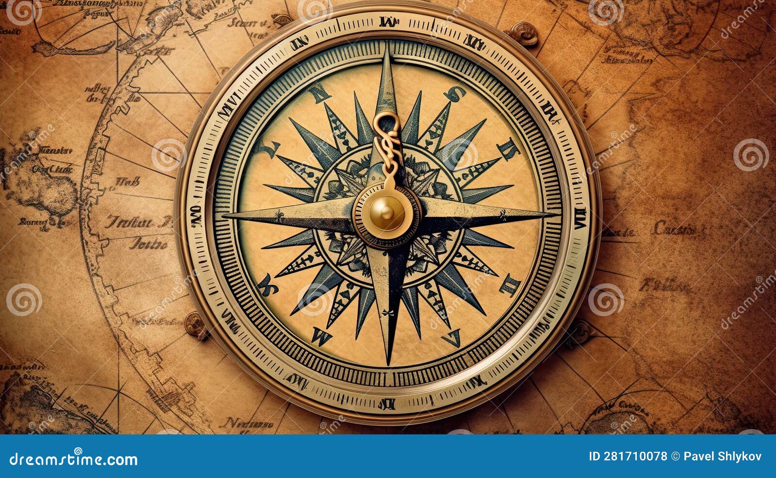 Old Compass on Vintage Map. Retro Stale Stock Illustration ...