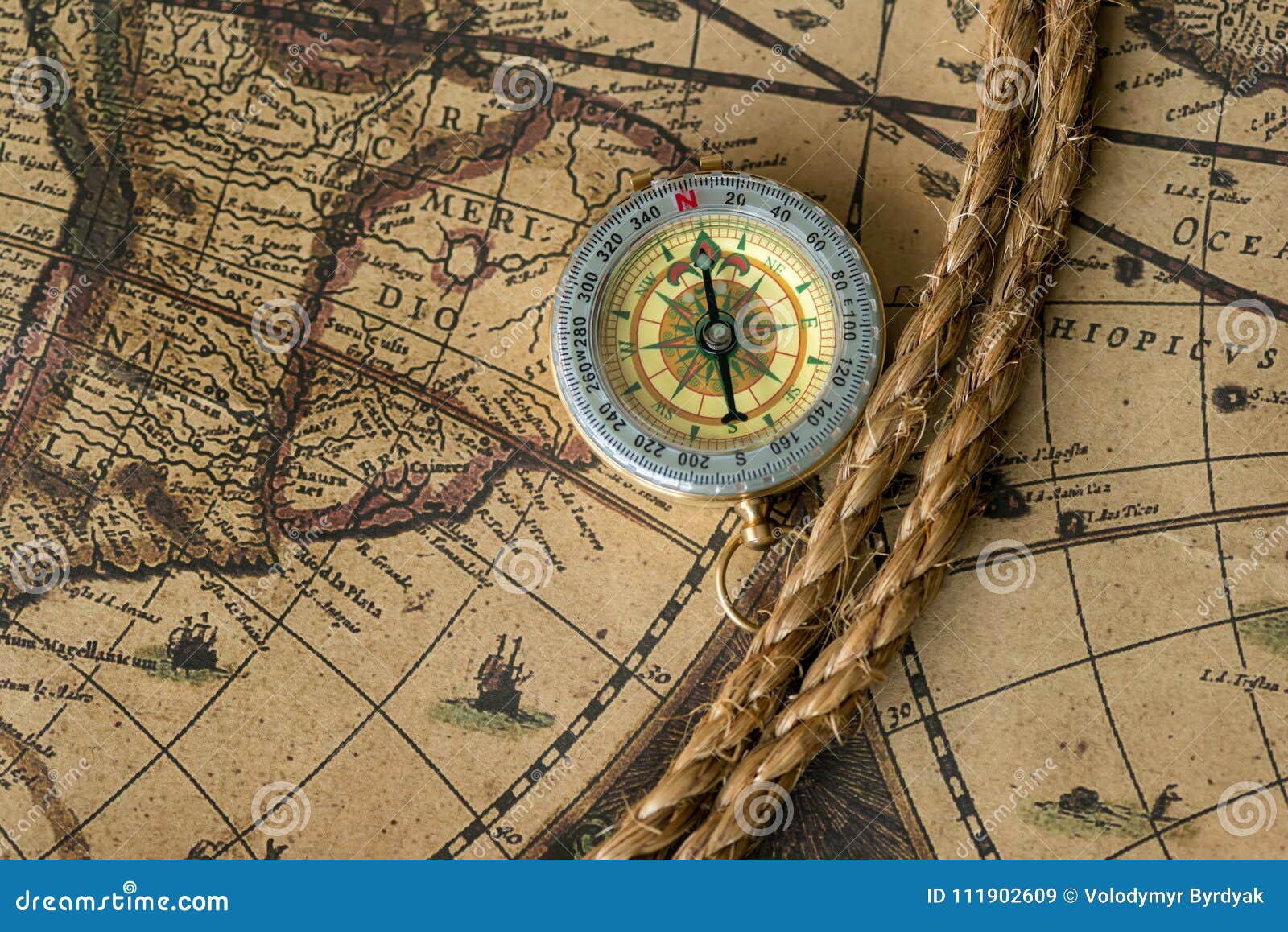 Old Compass On Vintage Map With Rope Stock Image Image Of Earth