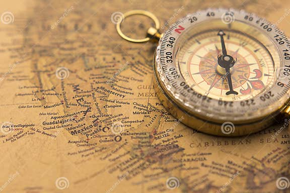 Old Compass on Vintage Map Selective Focus on Mexico Stock Photo ...