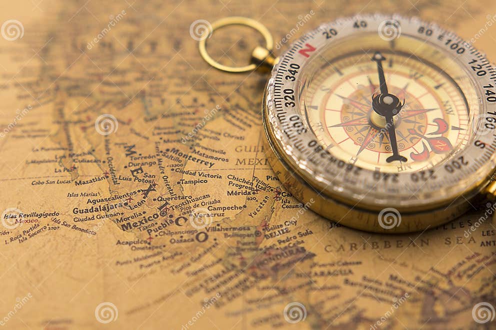 Old Compass on Vintage Map Selective Focus on Mexico Stock Photo ...