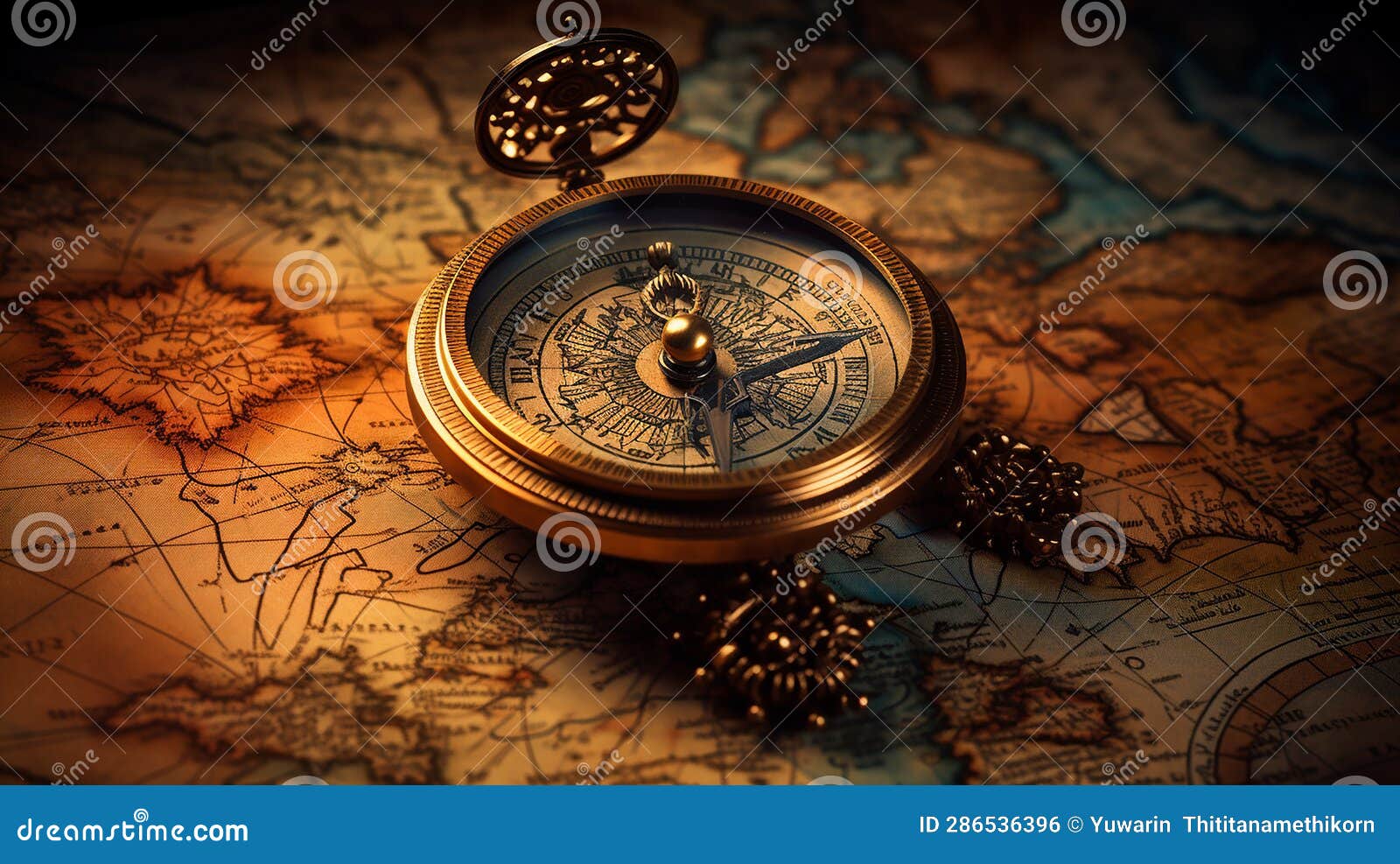 Old Compass on Vintage World Map. Generative AI Stock Illustration ...