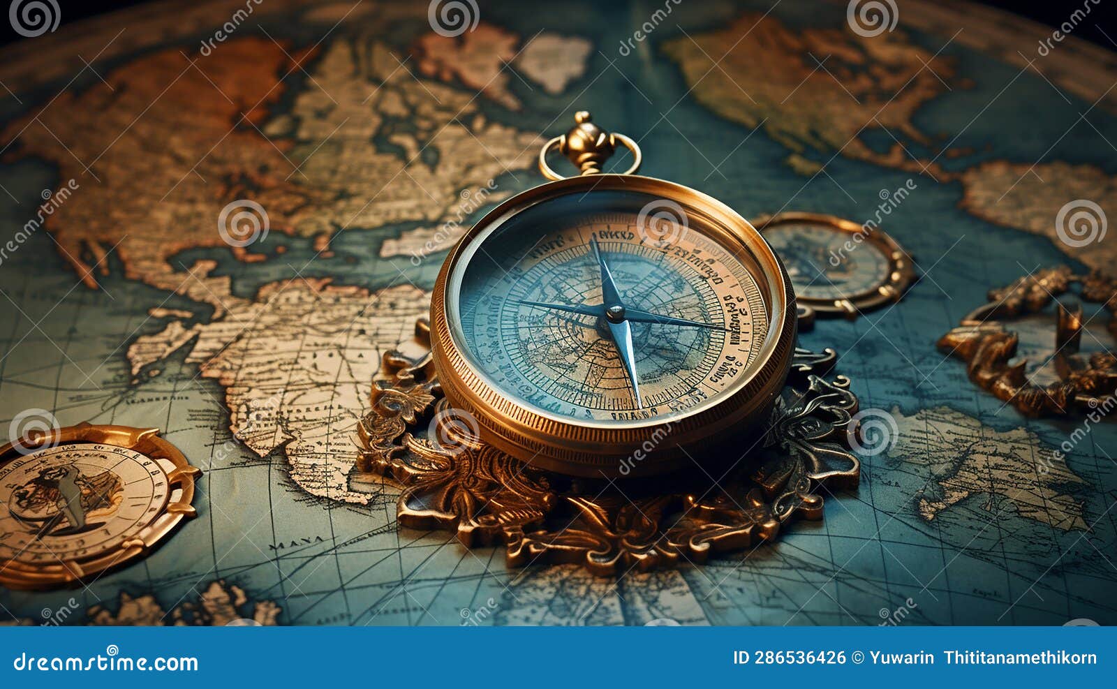 Old Compass on Vintage World Map. Generative AI Stock Illustration ...