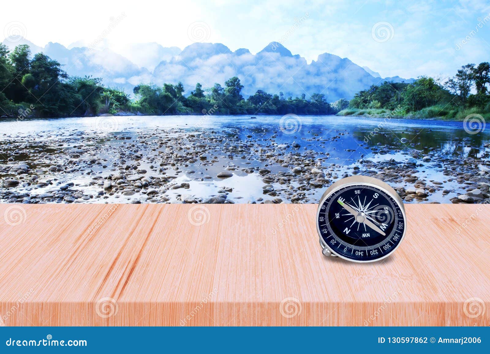 Old Compass on Wood Walk and River with Sky. Stock Photo - Image of ...
