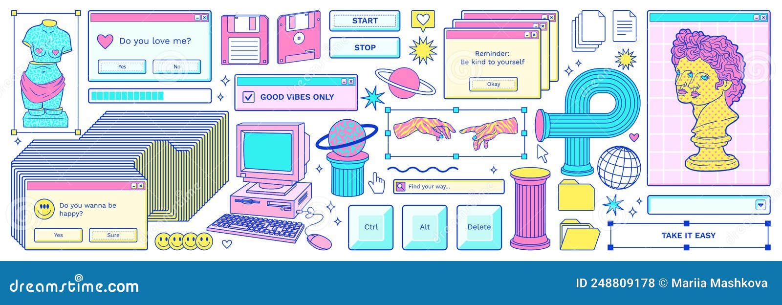 Old Computer Aestethic 1980s -1990s. Set With Retro Pc Elements, User ...