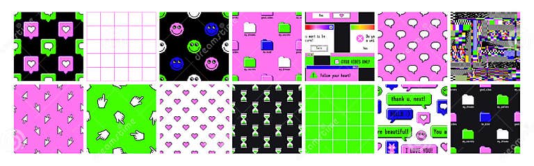 Old Computer Aestethic 1980s -1990s. Set of Seamless Patterns with ...