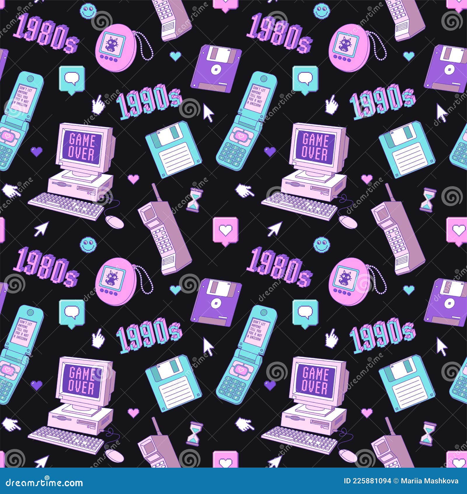Old Computer Aestethic 1980s -1990s. Seamless Pattern with Retro Pc ... Old Computer Aestethic 1980s -1990s. Seamless Pattern with Retro Pc ...