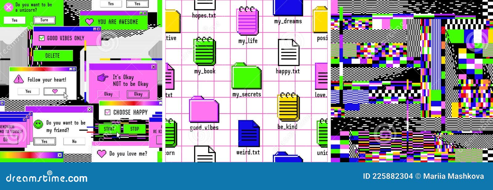 Old Computer Aestethic 1980s -1990s. Set Of Seamless Patterns With ...