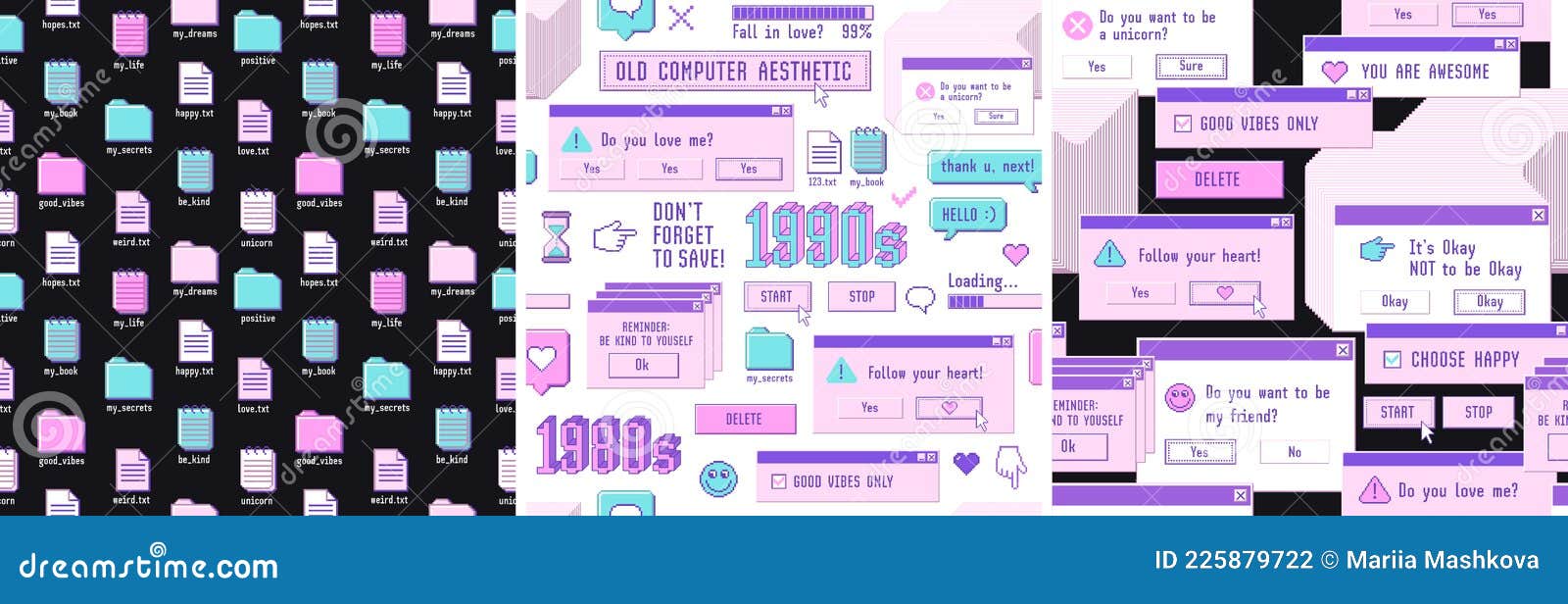 Old Computer Aestethic 1980s -1990s. Set of Seamless Patterns with ...