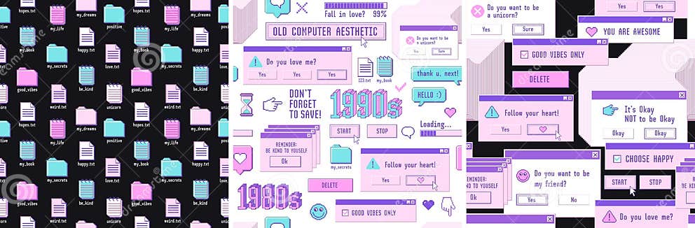 Old Computer Aestethic 1980s -1990s. Set of Seamless Patterns with ...