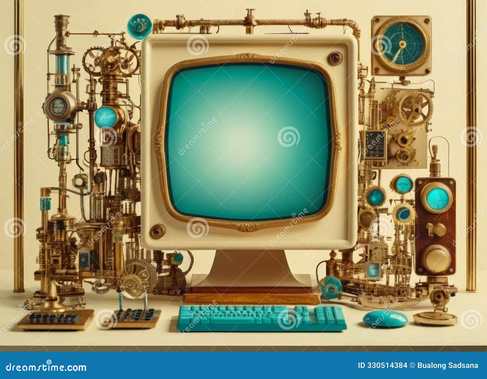 Old Computer with Blue Screen and Some Equipment Stock Illustration ...