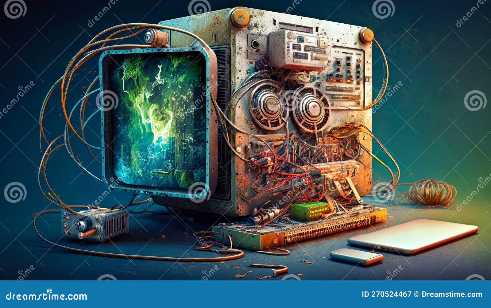 An Old Computer with Broken Screen Sitting on Table Generative AI Stock ...