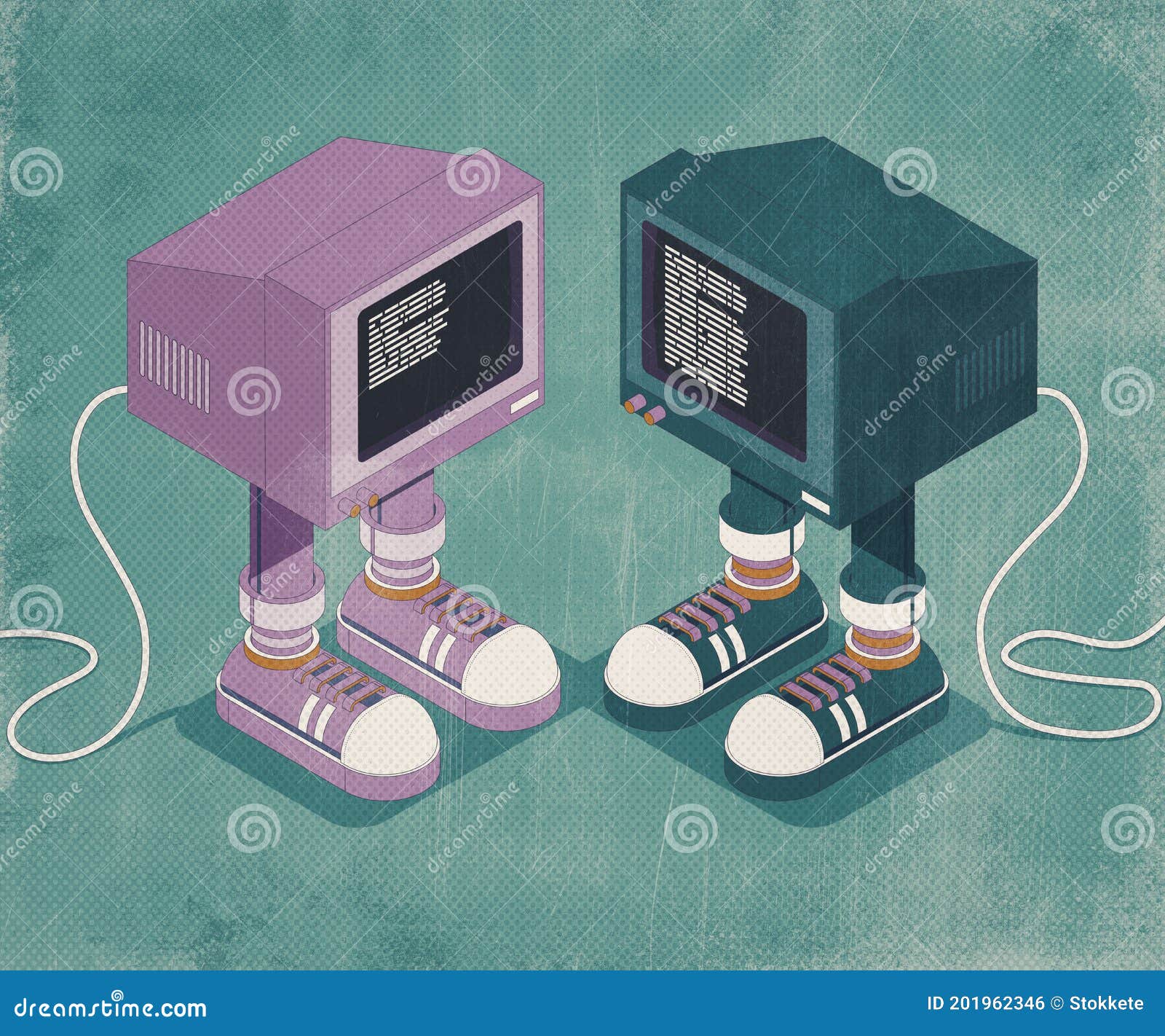 Old Computer Characters Looking at Each Other and Communicating through ...