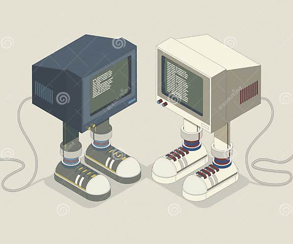 Old Computer Characters Looking at Each Other and Communicating through ...