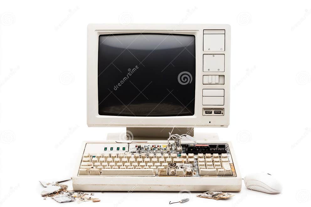 An Old Computer with a Damaged Keyboard and Mouse, Possibly Out of Use ...