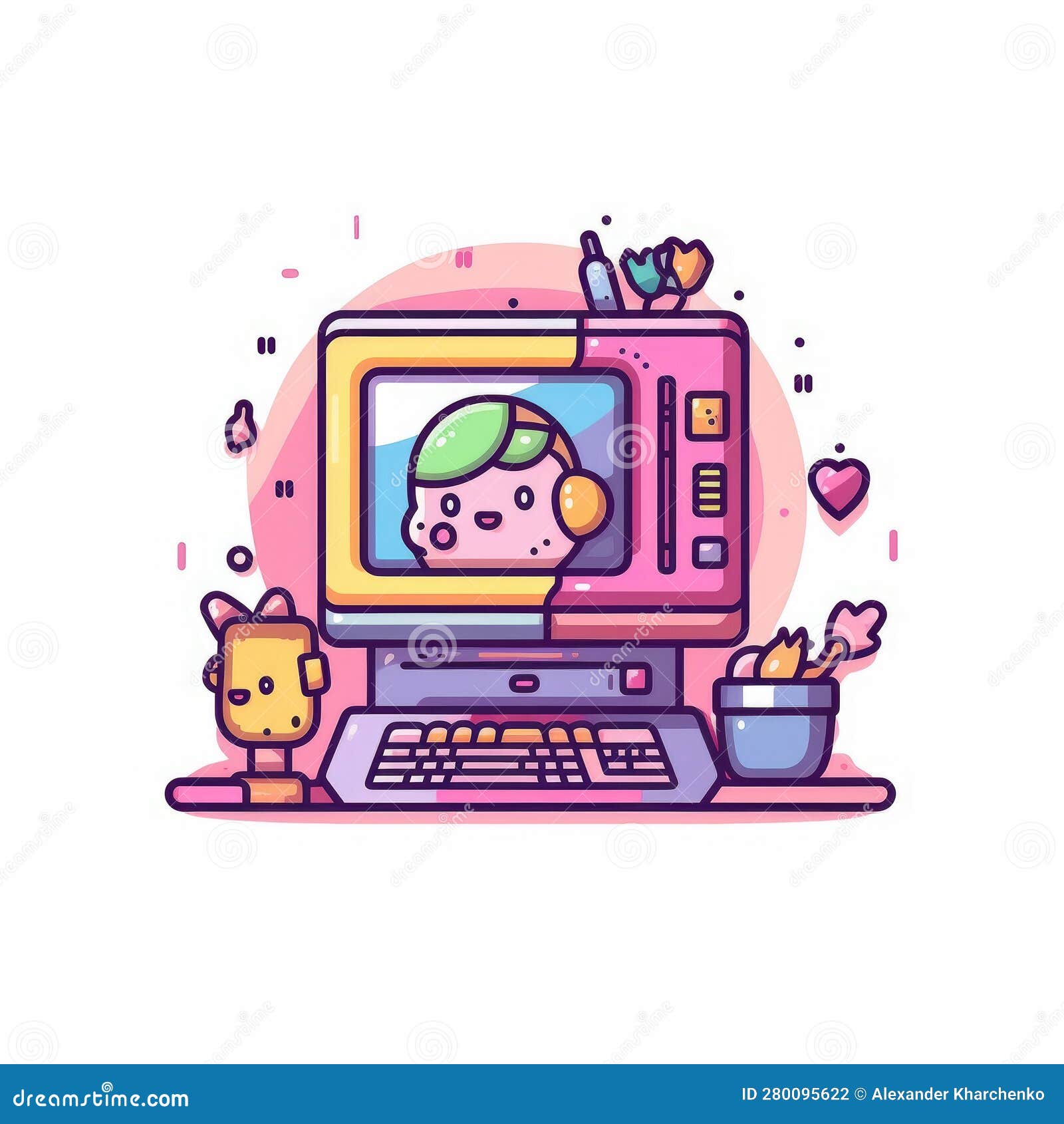 Old Computer or Game Machine Icon in Pop Art Kawaii Style on a White ...