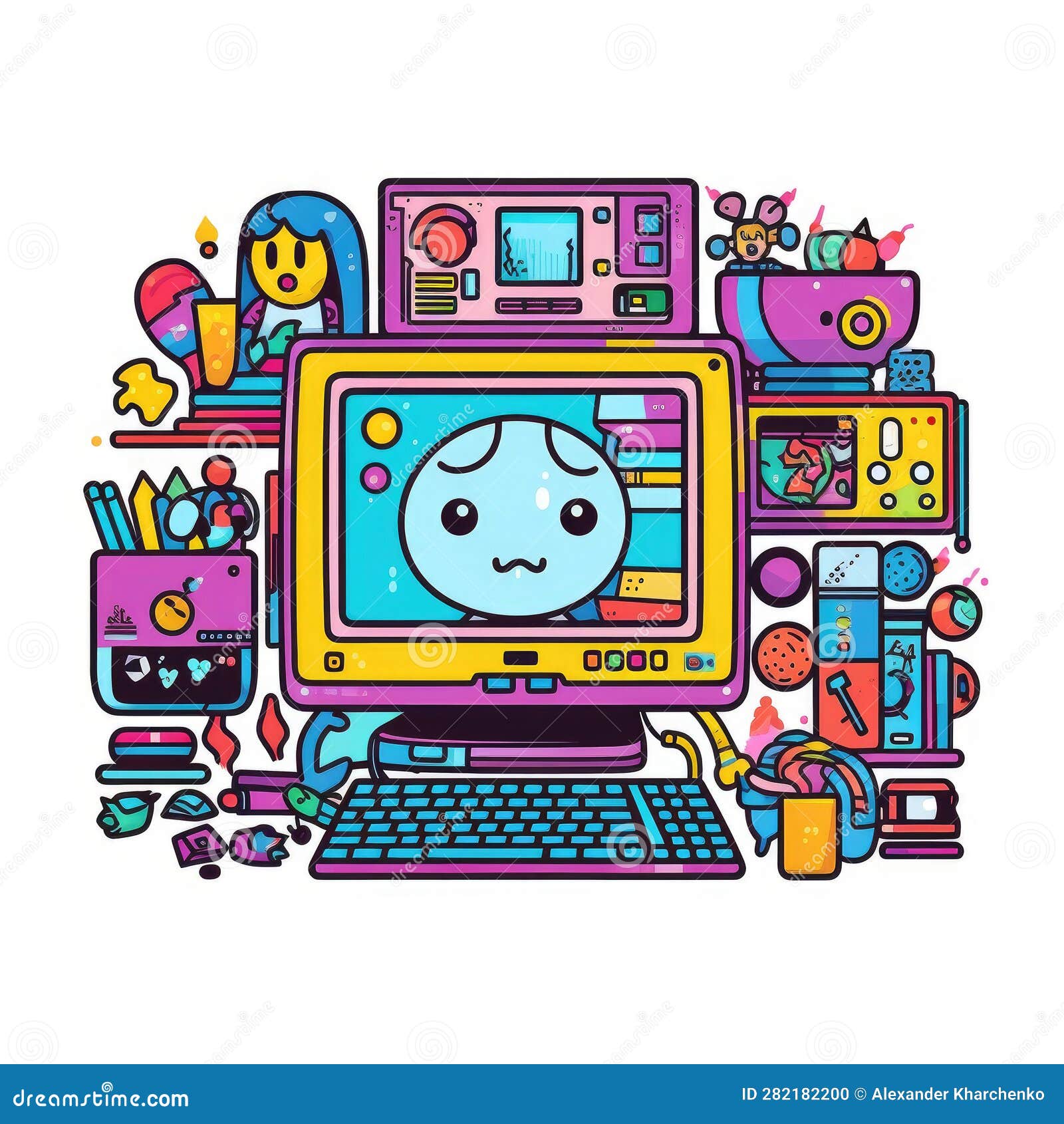 Old Computer or Game Machine Icon in Pop Art Kawaii Style on a White ...