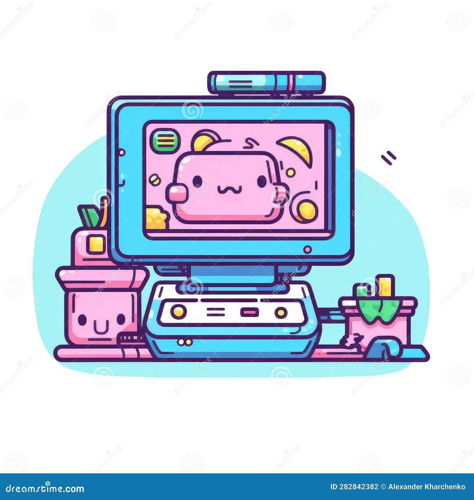 Old Computer or Game Machine Icon in Pop Art Kawaii Style on a White ...
