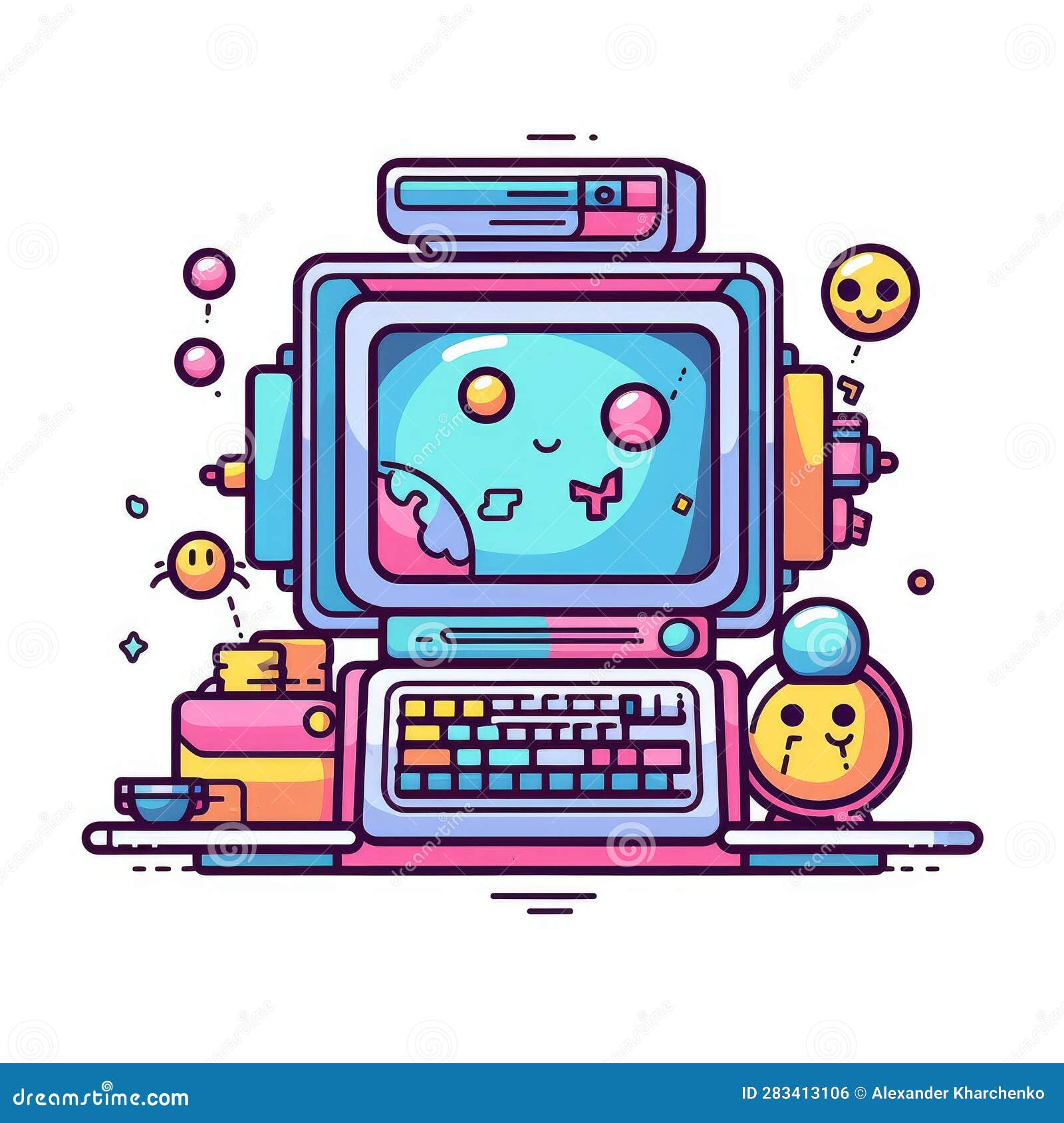 Old Computer or Game Machine Icon in Pop Art Kawaii Style on a White ...
