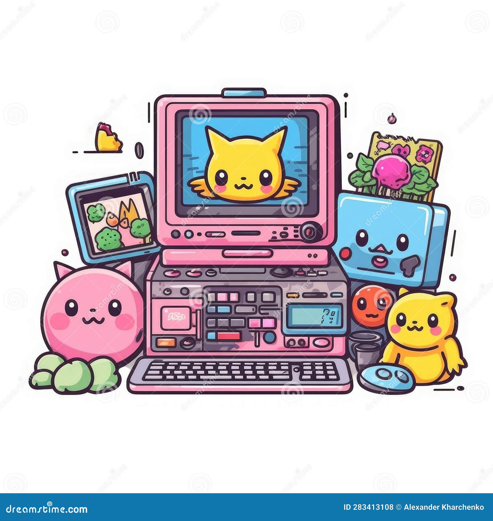 Old Computer or Game Machine Icon in Pop Art Kawaii Style on a White ...