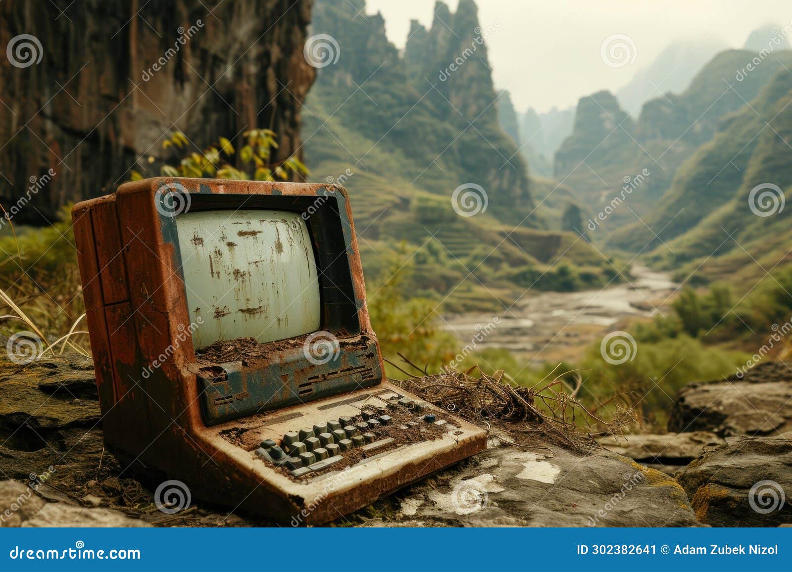 An Old Computer with a Keyboard and a Mountain Landscape Stock ...