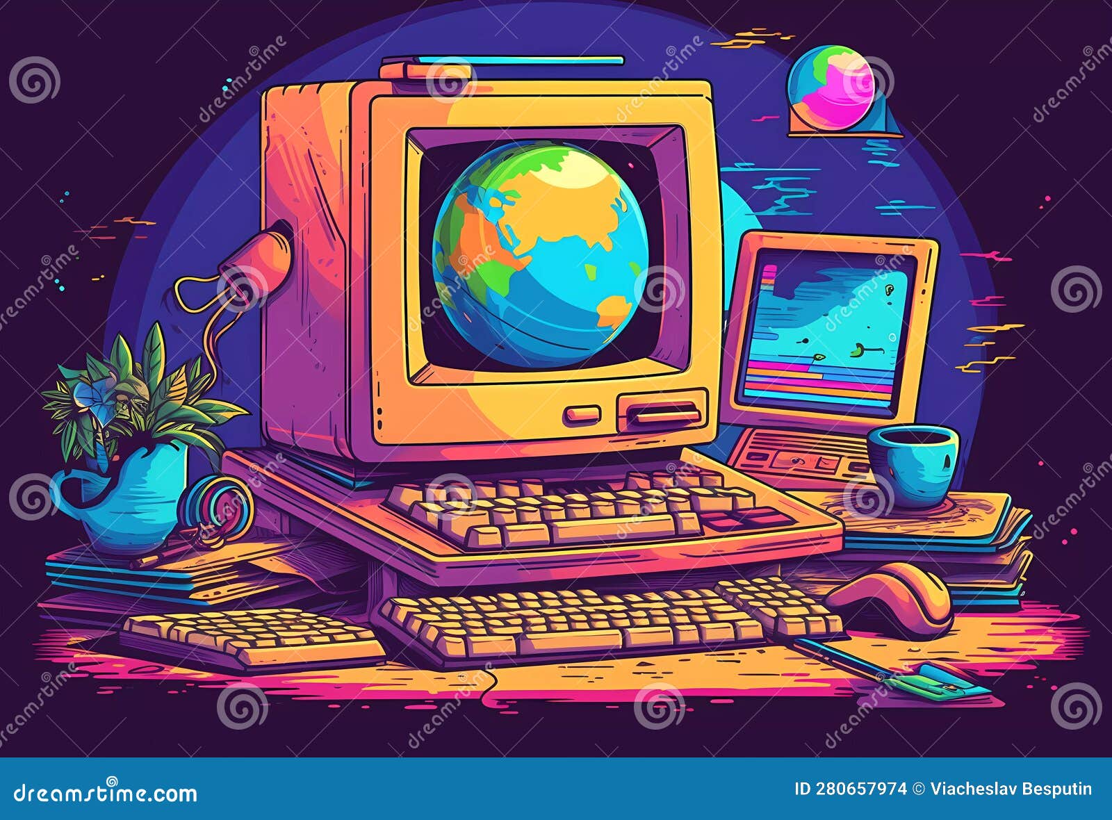 Old computer from the 90s. stock illustration. Illustration of game ...
