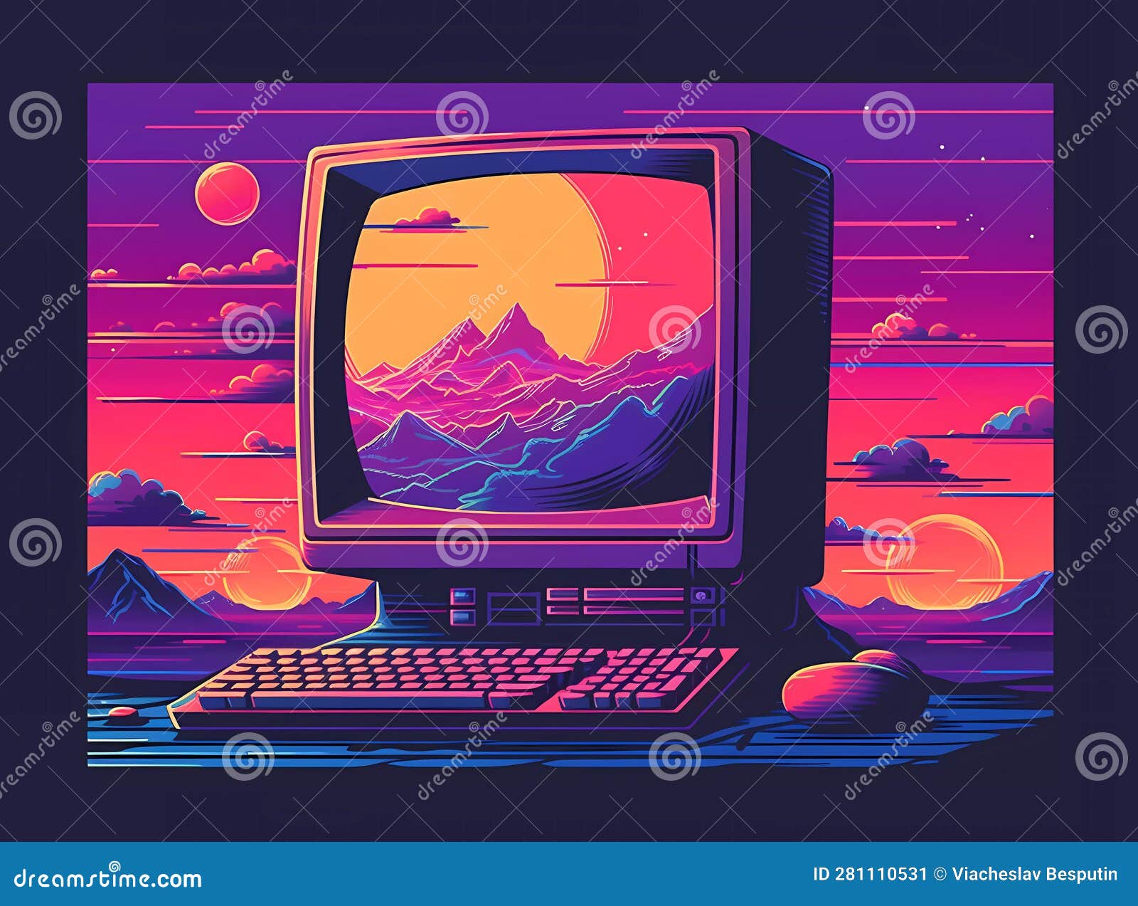 Old computer from the 90s. stock illustration. Illustration of monitor ...