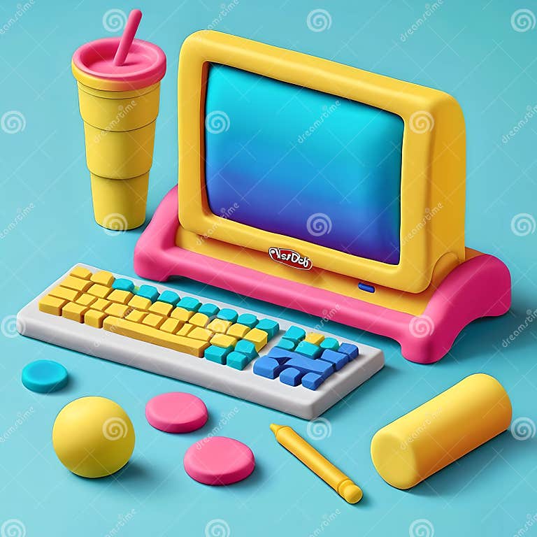 Old Computer Screen Mouse and Keyboard on the Table Cartoon 3d Shap ...