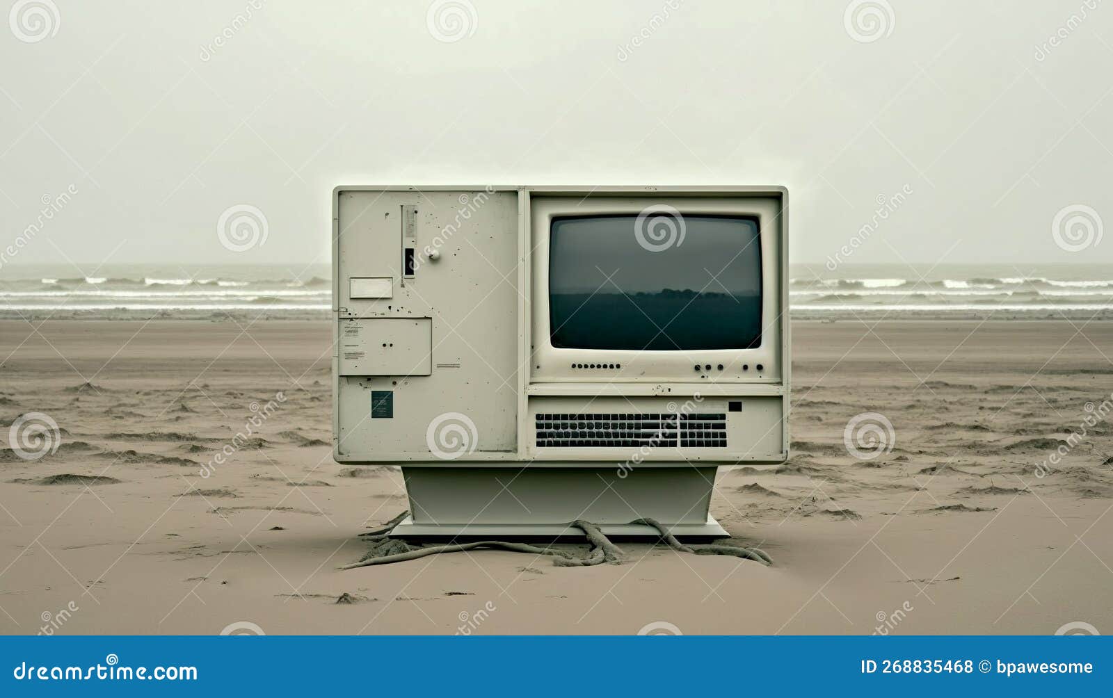 Old Computer Standing in Sand on a Beach, Ocean View, Generative AI ...