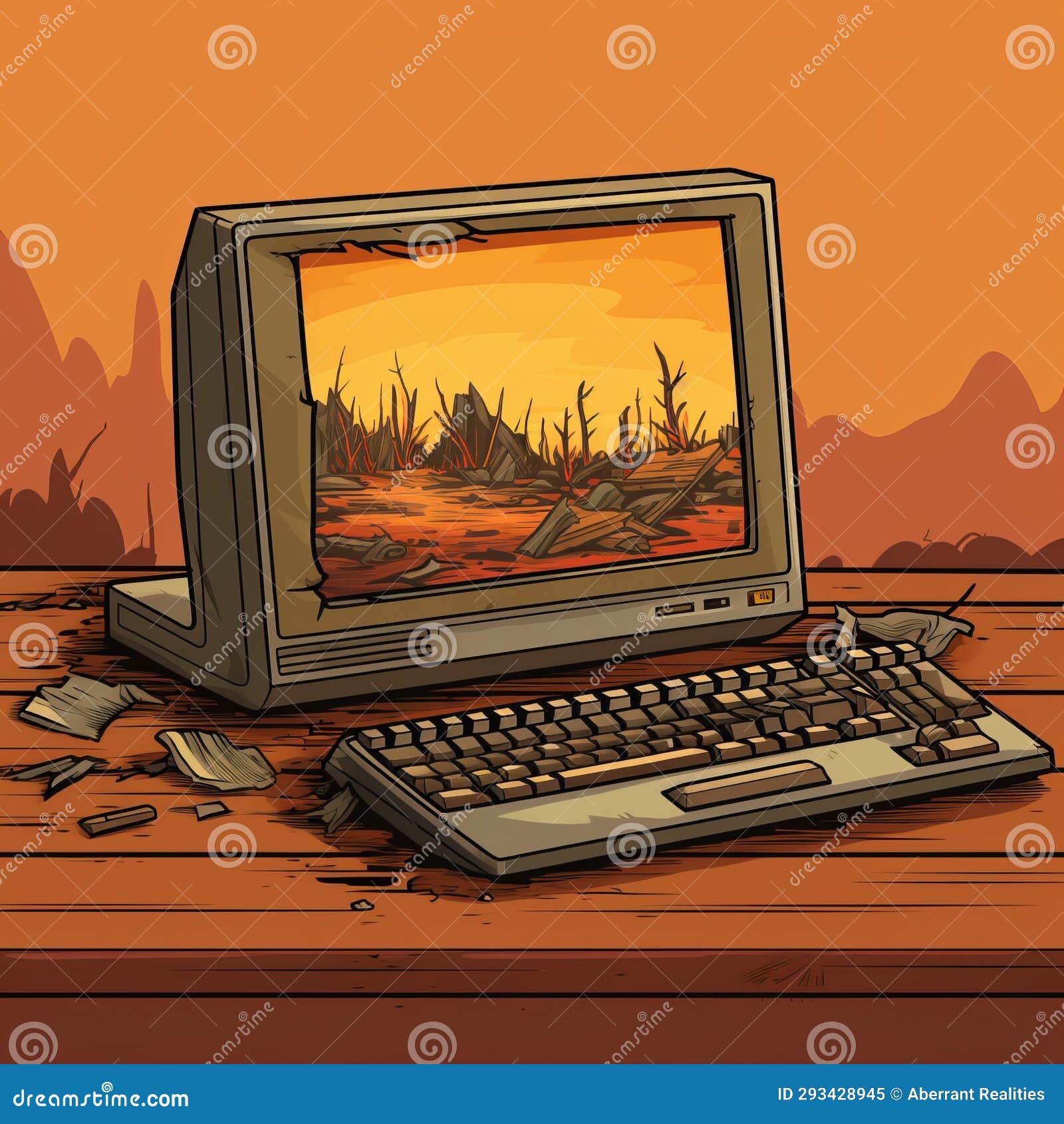 An old computer on a table stock illustration. Illustration of internet ...