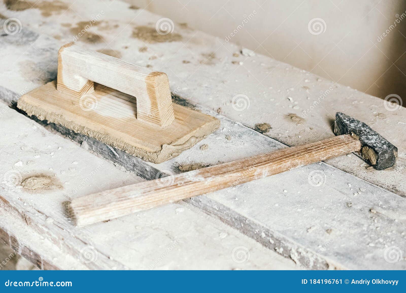 Old Construction Tools for Plaster on Vintage Wood Bench. Trowels and ...
