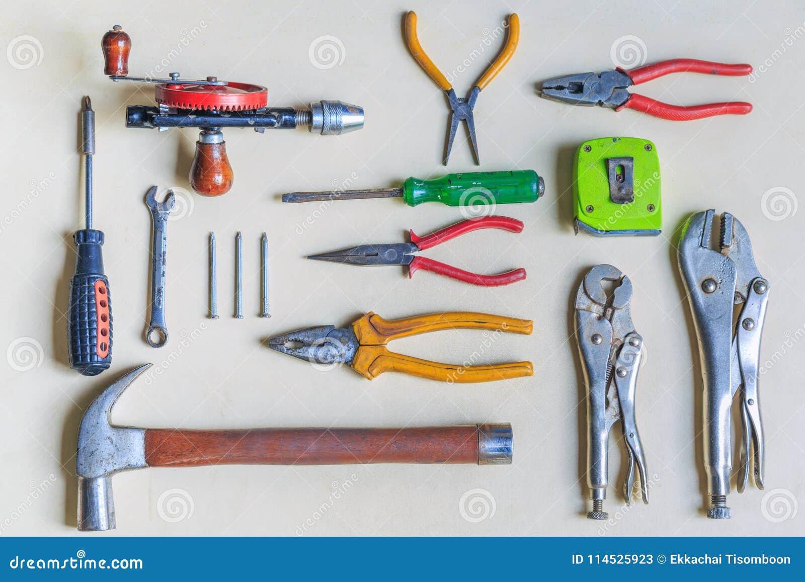 An Old Construction Tools on Wooden Floor. Stock Image - Image of ...
