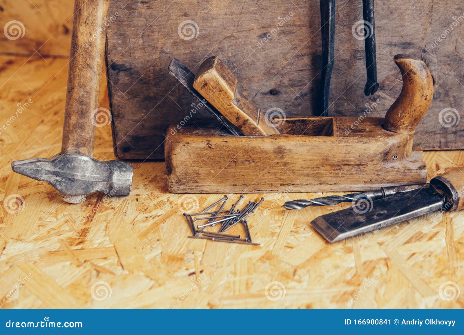 Old Construction Tools on a Wooden Workbench Flat Lay Background ...