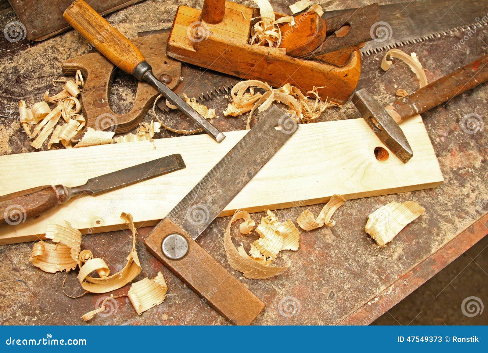 Old Construction Tools on the Workbench Stock Image - Image of used ...