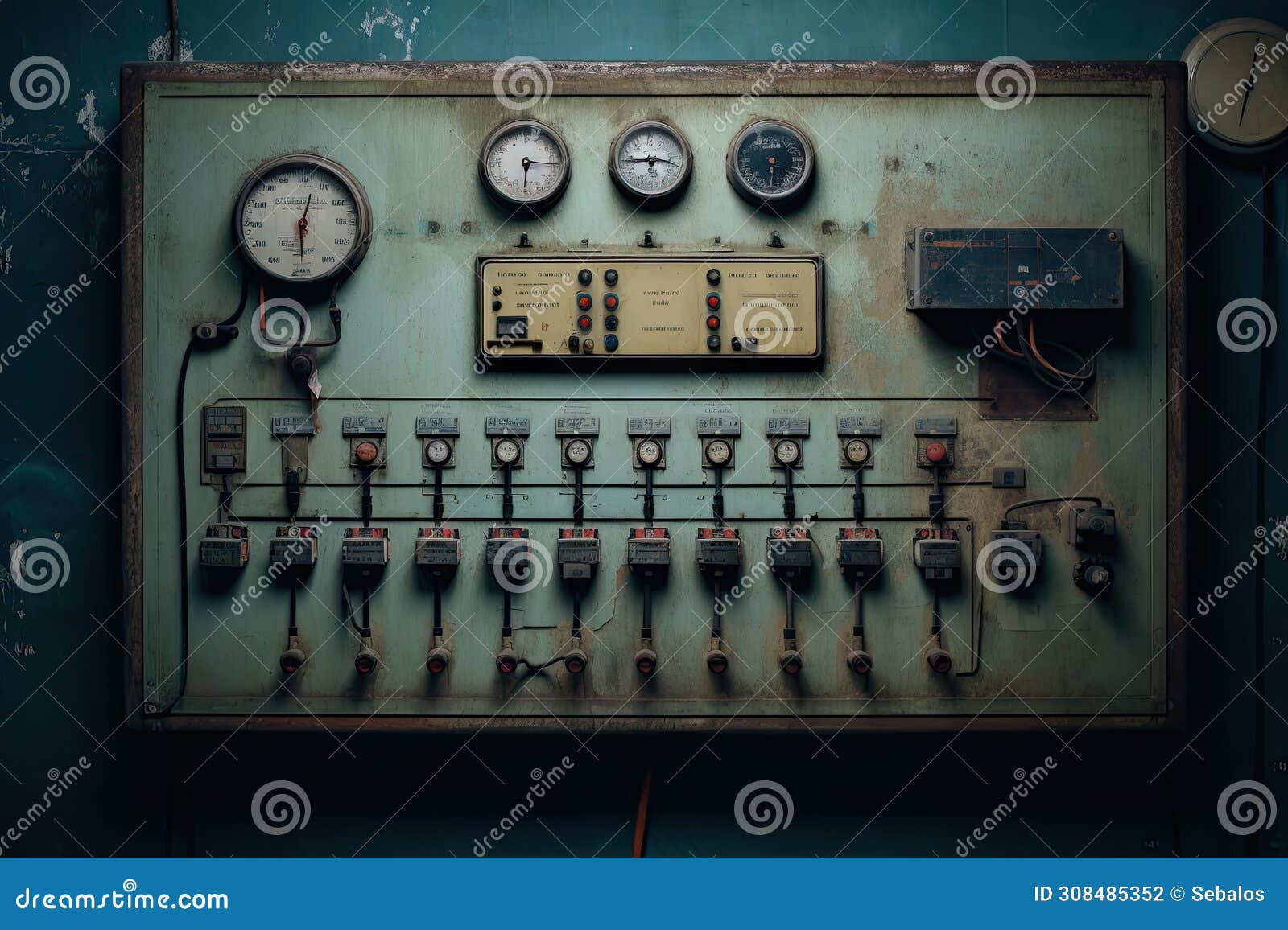 An Old Control Panel with Gauges, Switches, and Buttons on a Weathered ...