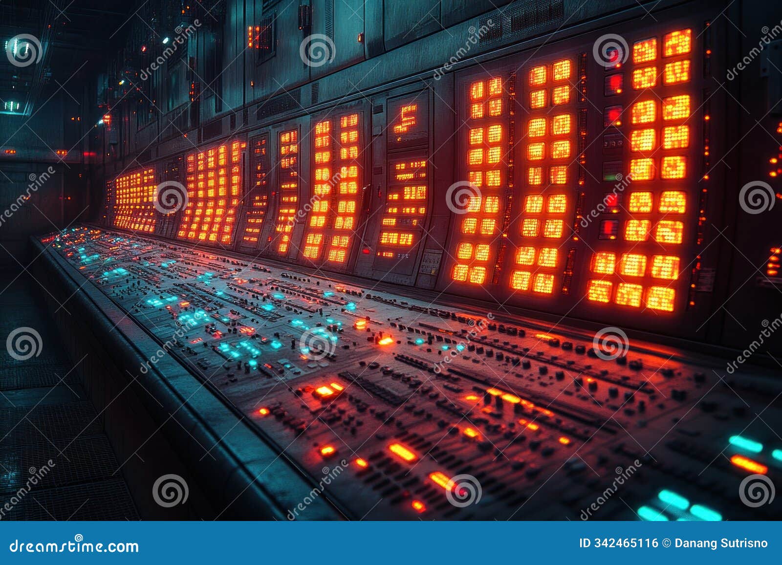 An Old Control Room with a Row of Glowing Buttons and Displays Stock ...