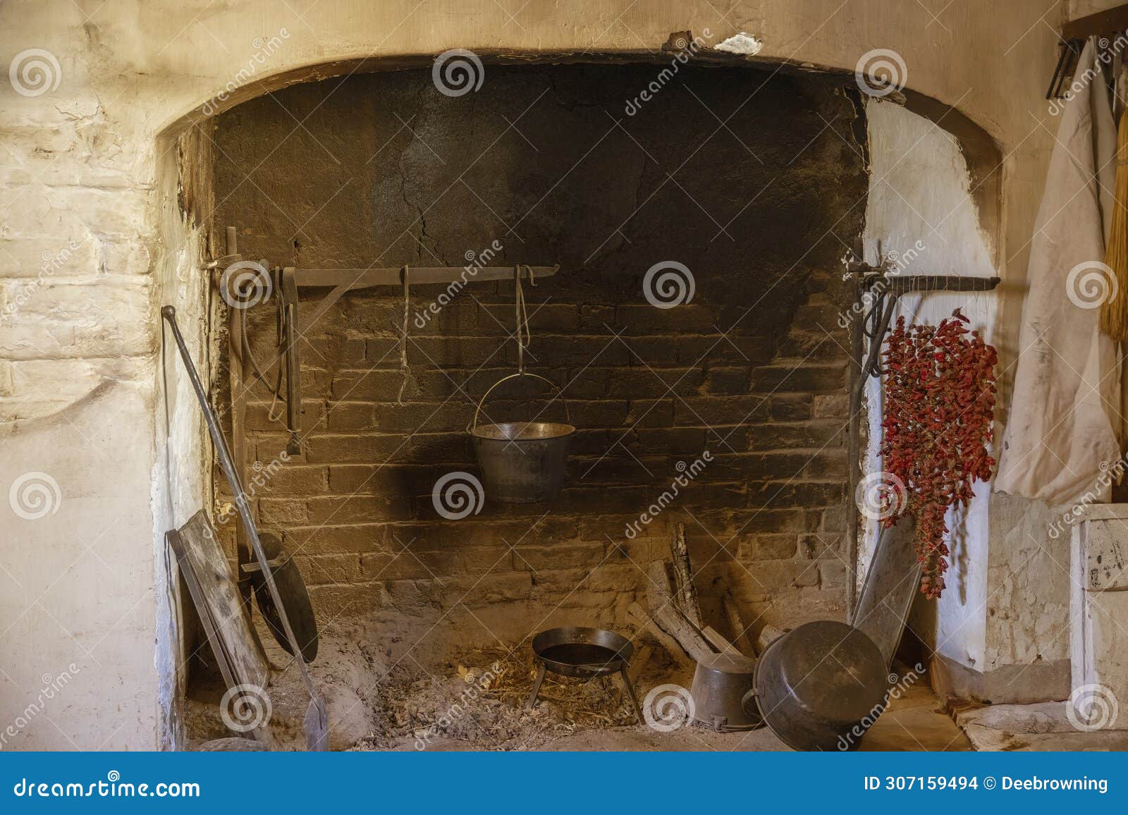Old Cooking Fireplace Staged Still Life in an Old Building Stock Photo ...