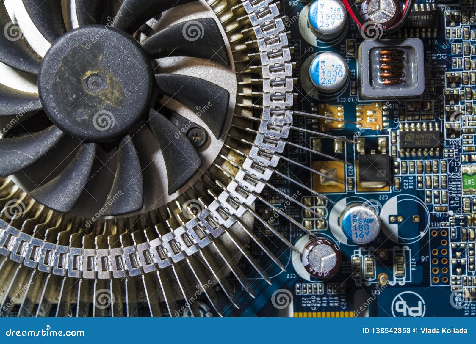 Old Cooler from the Computer. Motherboard of Blue Color. Repair of the ...