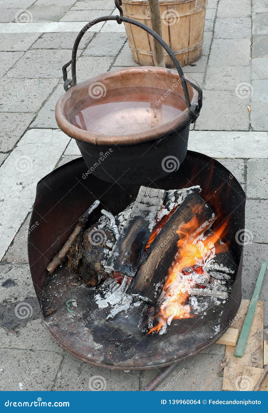 Old Copper Cauldron Over the Fire Made of Burning Woods Stock Photo ...