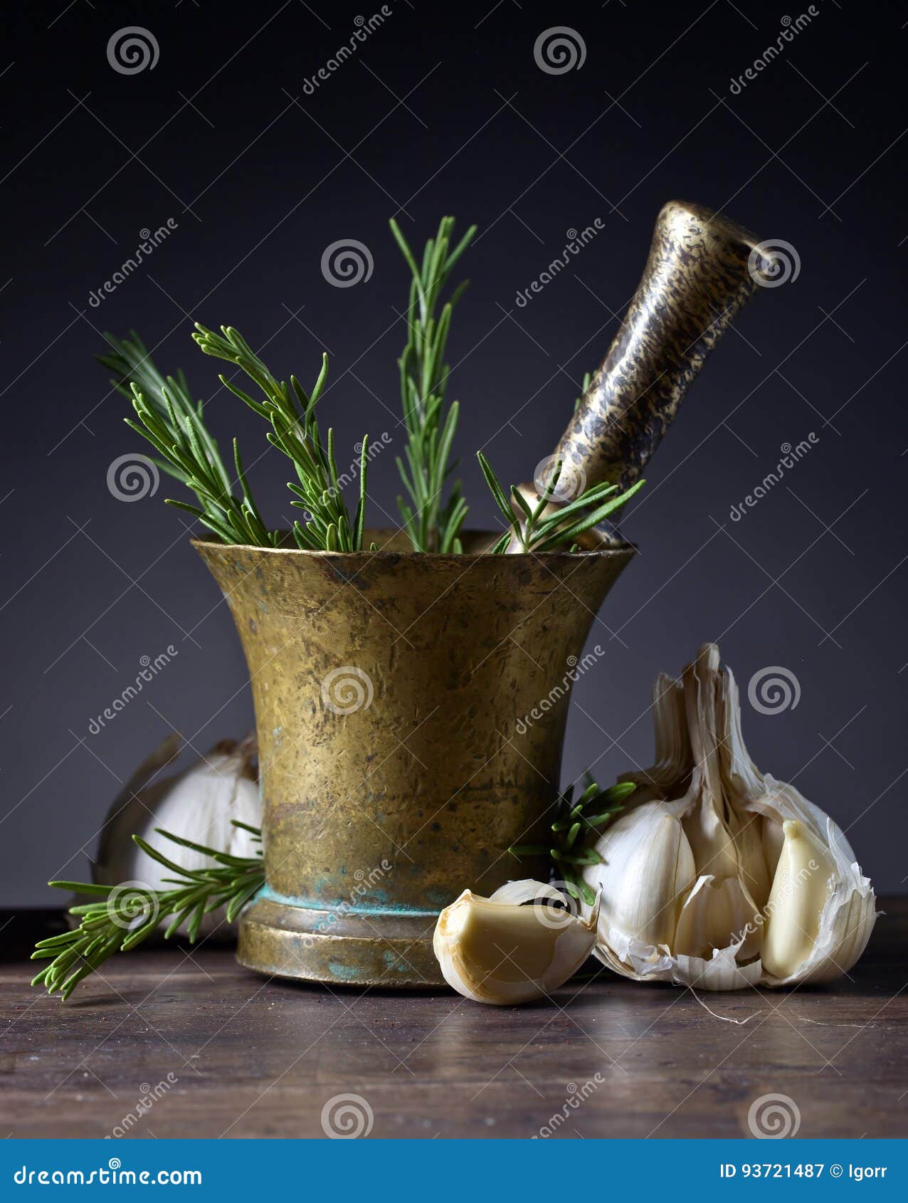 Old Copper Mortar with Rosemary and Garlic . Stock Image - Image of ...
