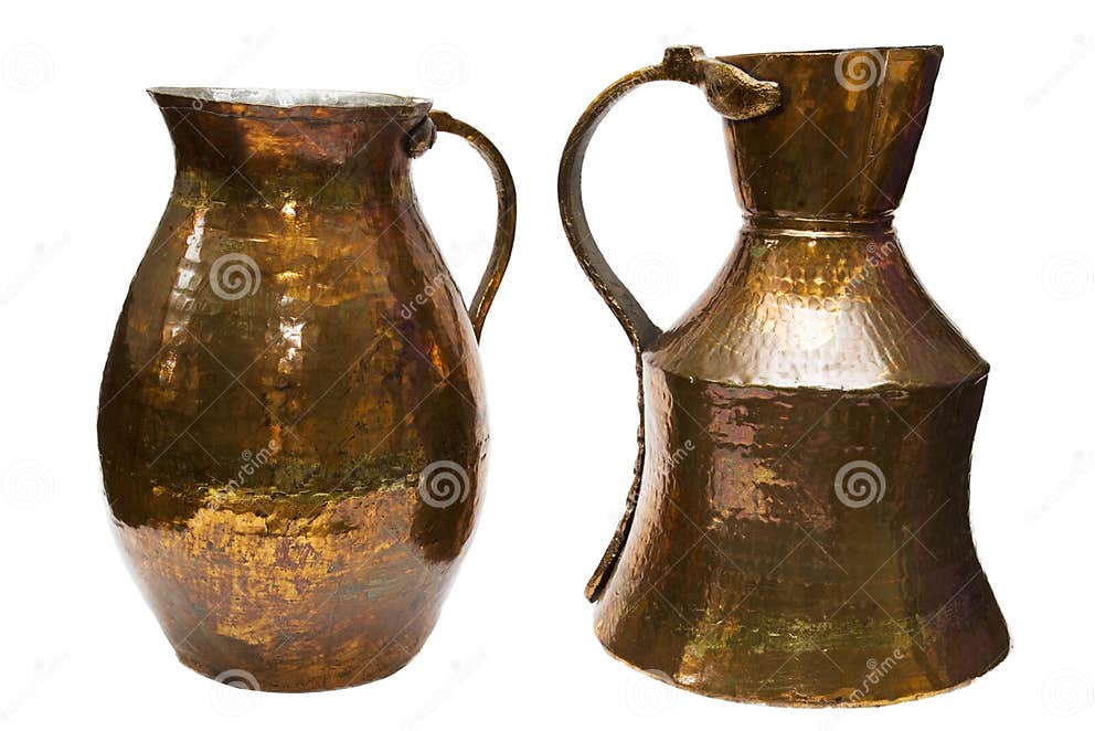 Old copper pitchers stock photo. Image of white, isolated - 16022572
