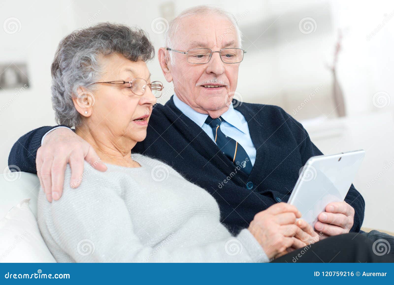 Old Couple Looking Camera with Tablet Pc in Their Hands Stock Photo ...