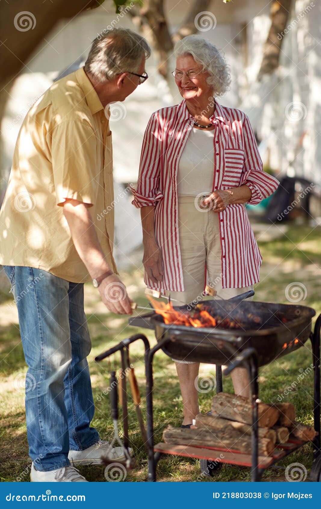 Old couple making barbeque stock photo. Image of friendship - 218803038