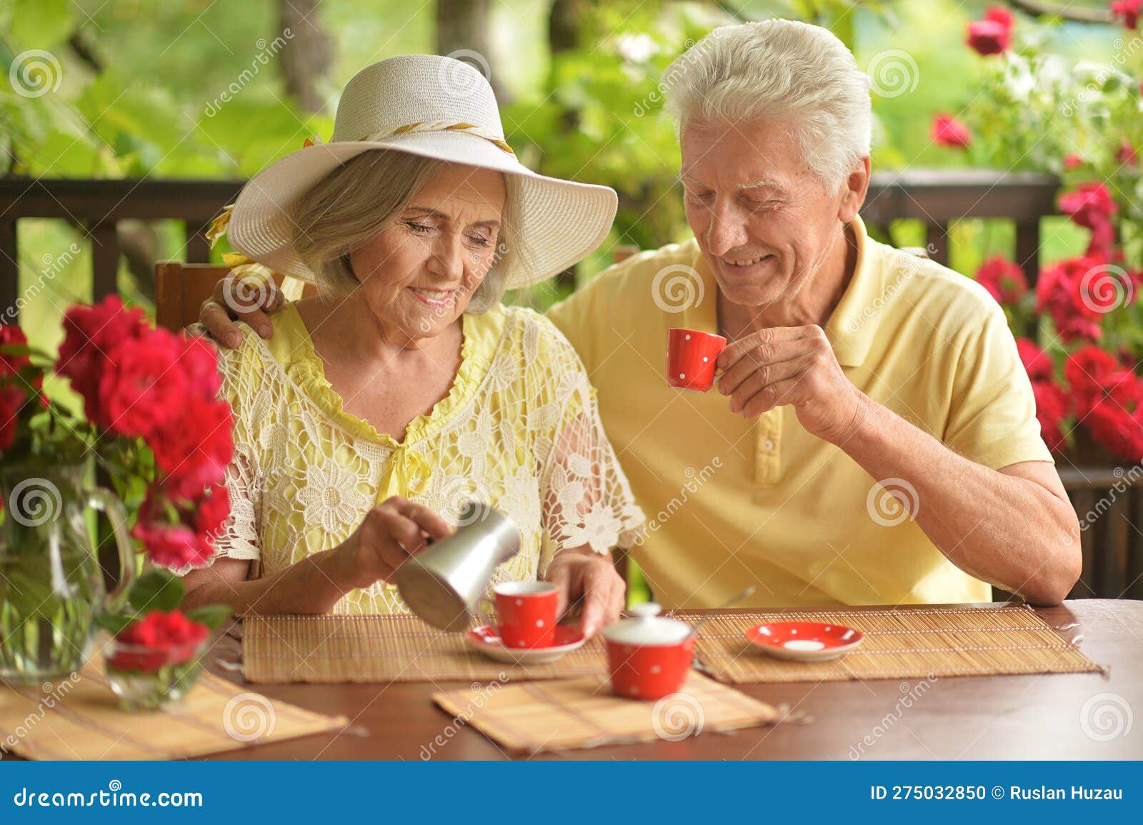 Old Couple is Sitting at a Table and Drinking Tea Stock Photo - Image ...