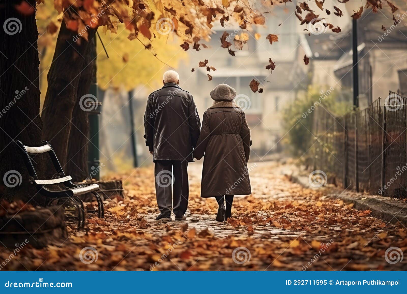 An Old Couple Walk Hand in Hand from the Park during the Fall Season ... An Old Couple Walk Hand in Hand from the Park during the Fall Season ...