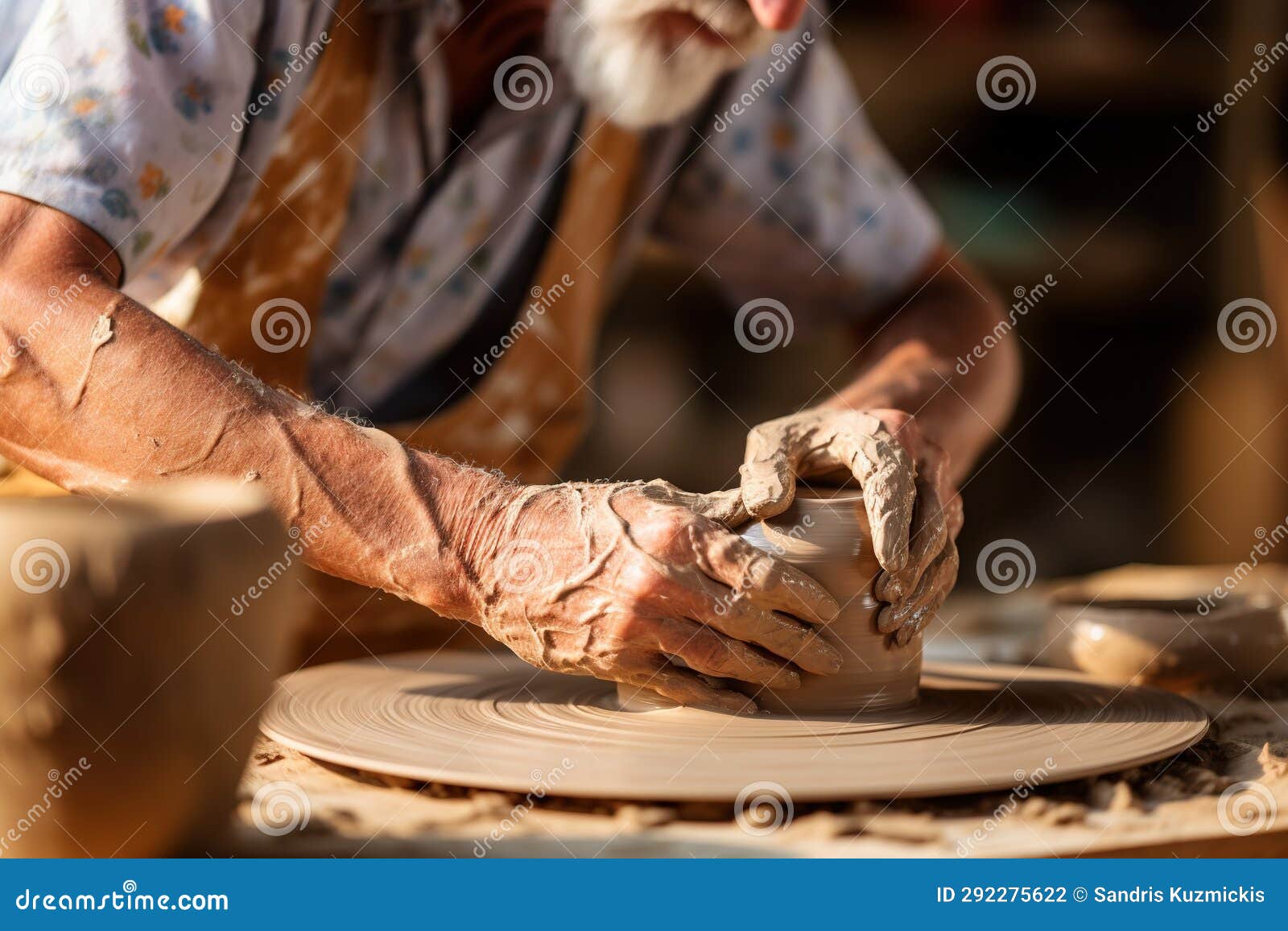 Old Craftsman Working on Pottery Wheel while Sculpting from Clay ...