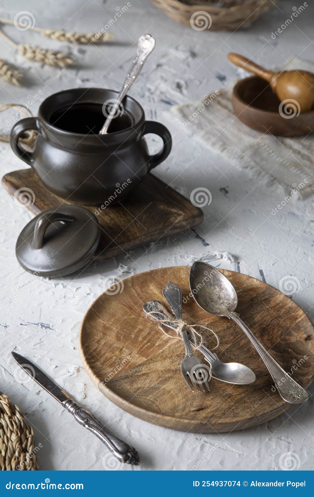 Old Dishes on a White Table Stock Photo - Image of tableware, wood ...