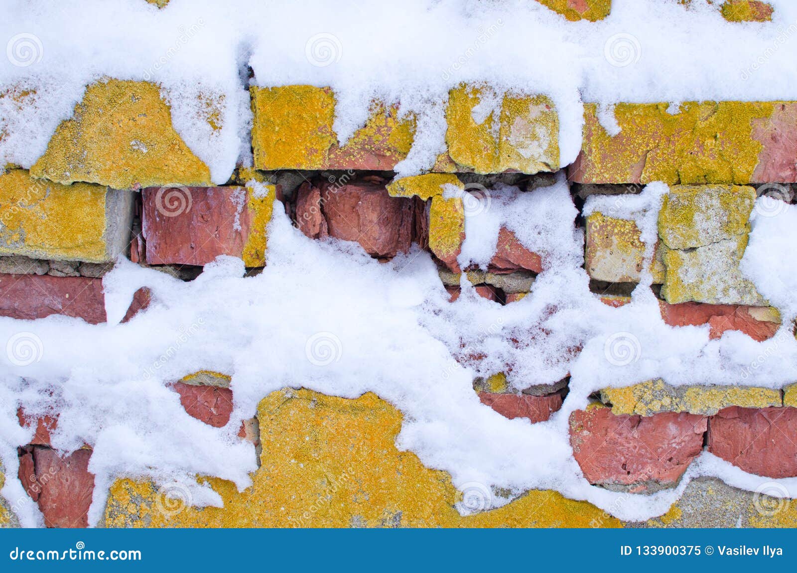 Old Crumbling Brick Walls Covered with Snow. Stock Image - Image of ...